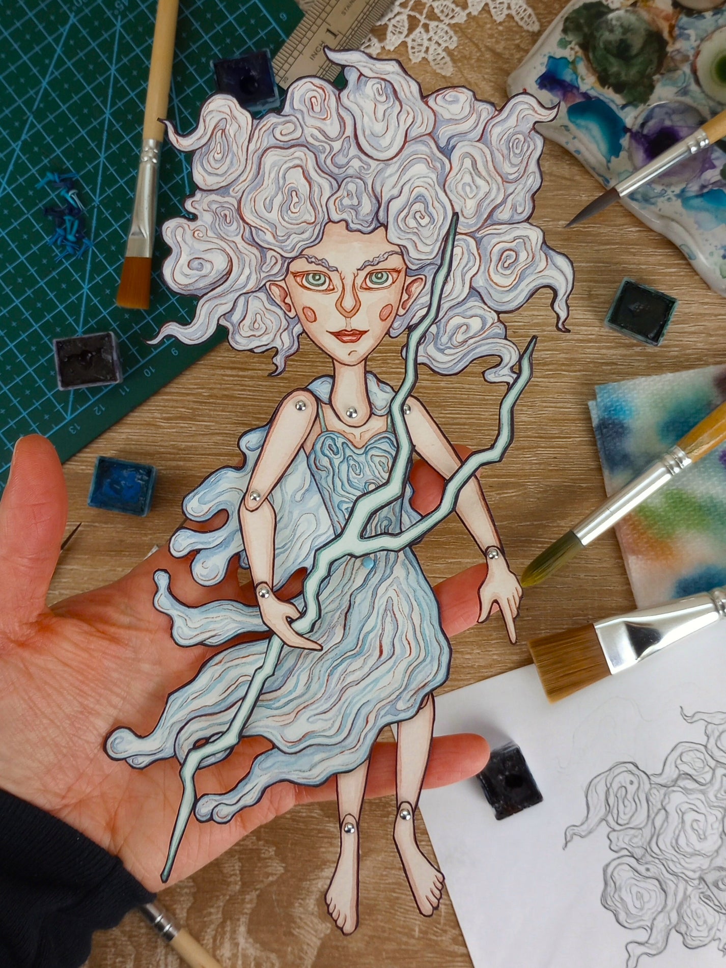 Thunderstorm Sprite — Original Watercolor Articulated Paper Doll ...